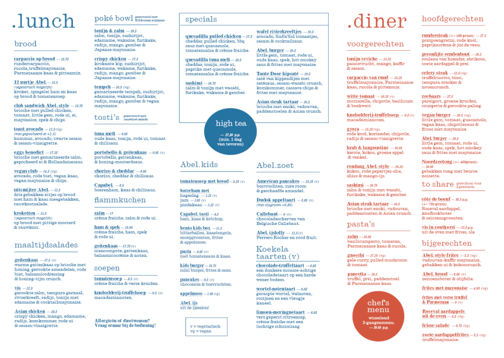 Bekijk de uitgebreide menukaart van Abel. Restaurant